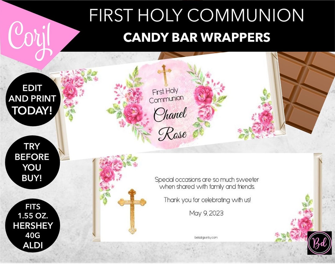 Editable Pink Flowers First Communion Candy Bar Wrapper Personalized ...