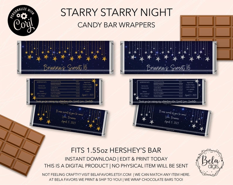 EDITABLE Starry Night Sweet 16 Sixteen Party Favor Bundle Candy Bar ...