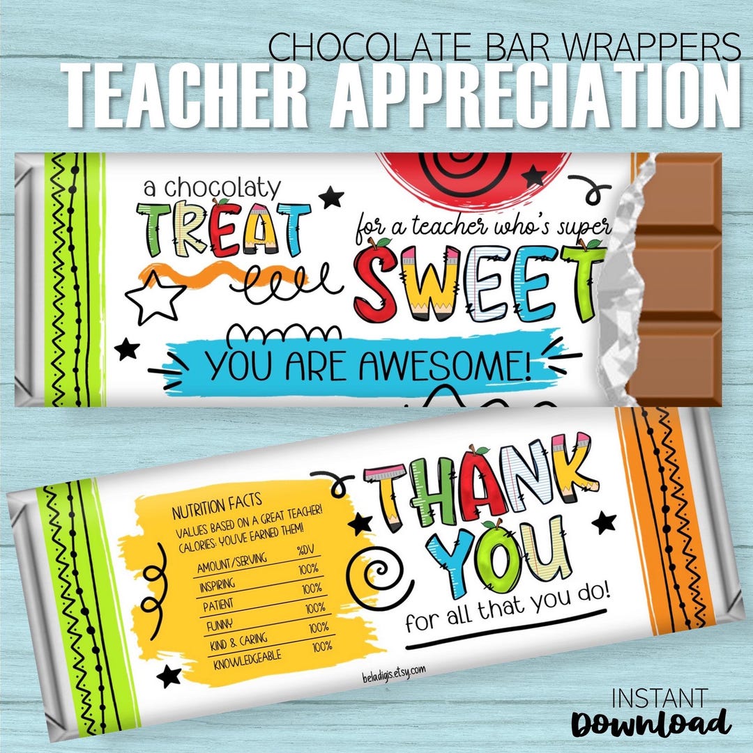 Teacher Appreciation Candy Bar Wrappers | Chocolate Bar Template | End ...