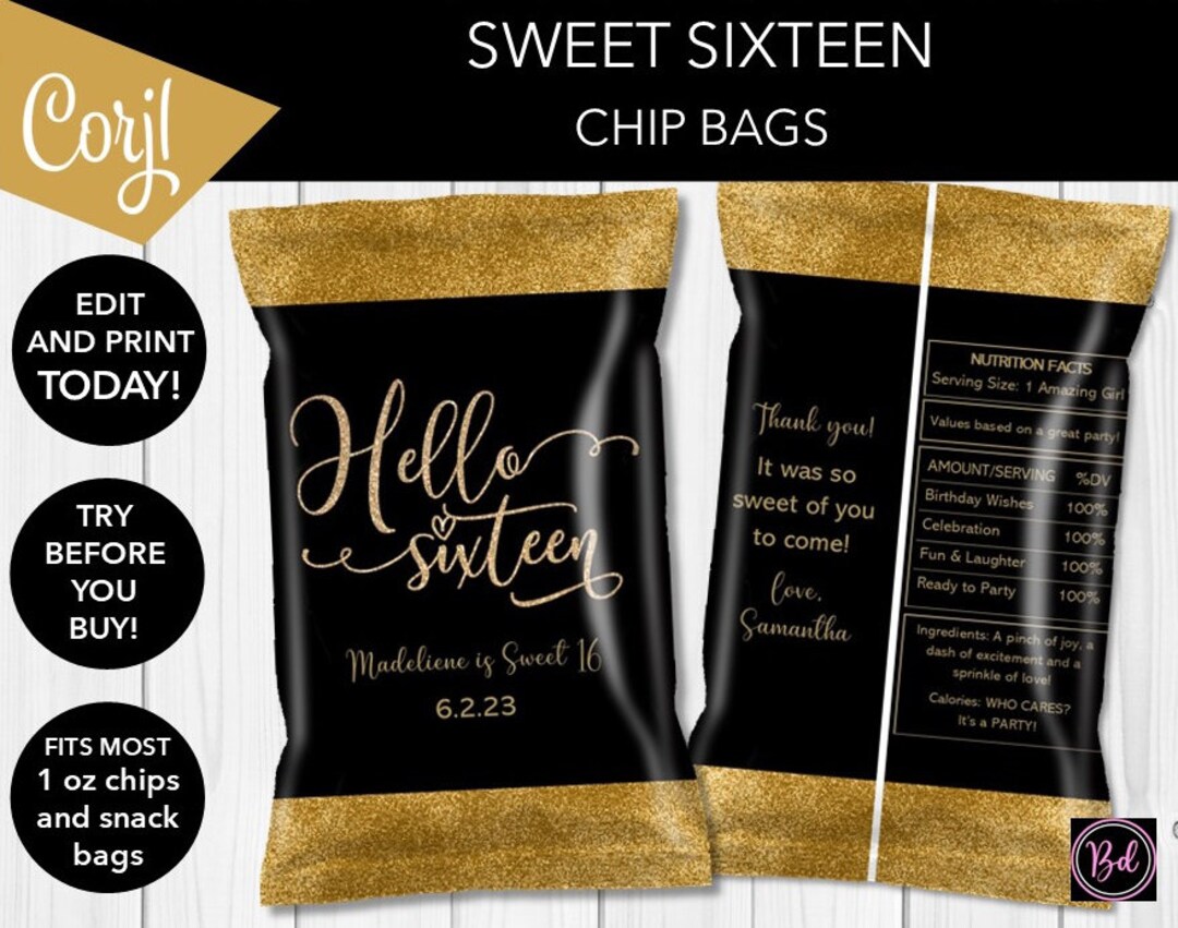 EDITABLE Gold Shimmer Hello Sweet 16 Sixteen Chip Bags Personalized ...