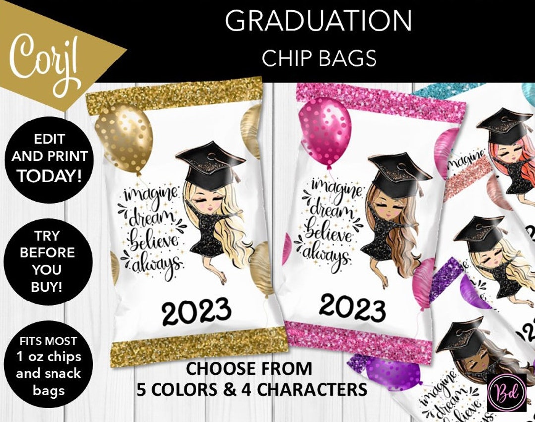 EDITABLE Graduation Chip Bags 5 Colors 4 Girls Personalized Snack Bag ...