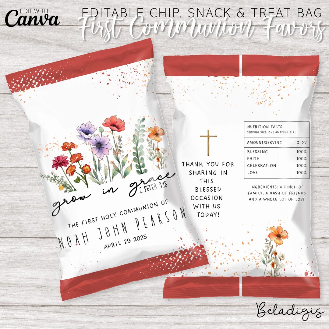 Editable Floral First Holy Communion Chip & Snack Bags | Personalized ...