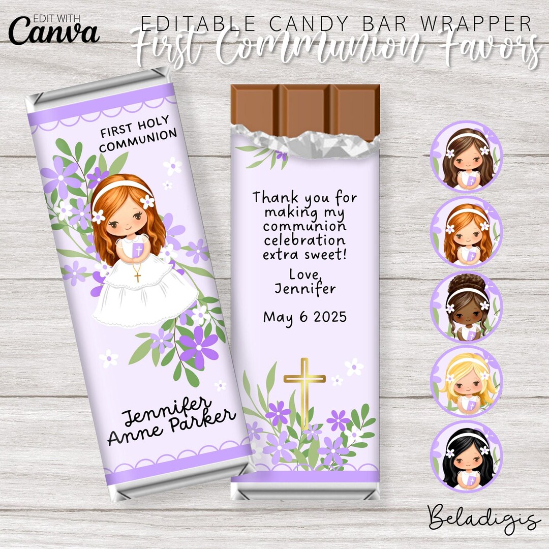 Floral First Communion Candy Bar Wrappers: Personalized Chocolate ...