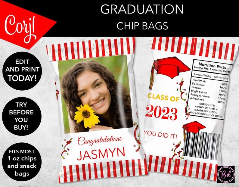 EDITABLE Red Cap Graduation Chip Bags Personalized Snack Bag Favor High ...