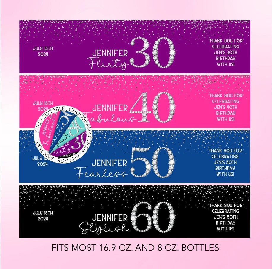 Diamond Bling Women's Birthday Drinks Label Custom Water Wraps Wine ...
