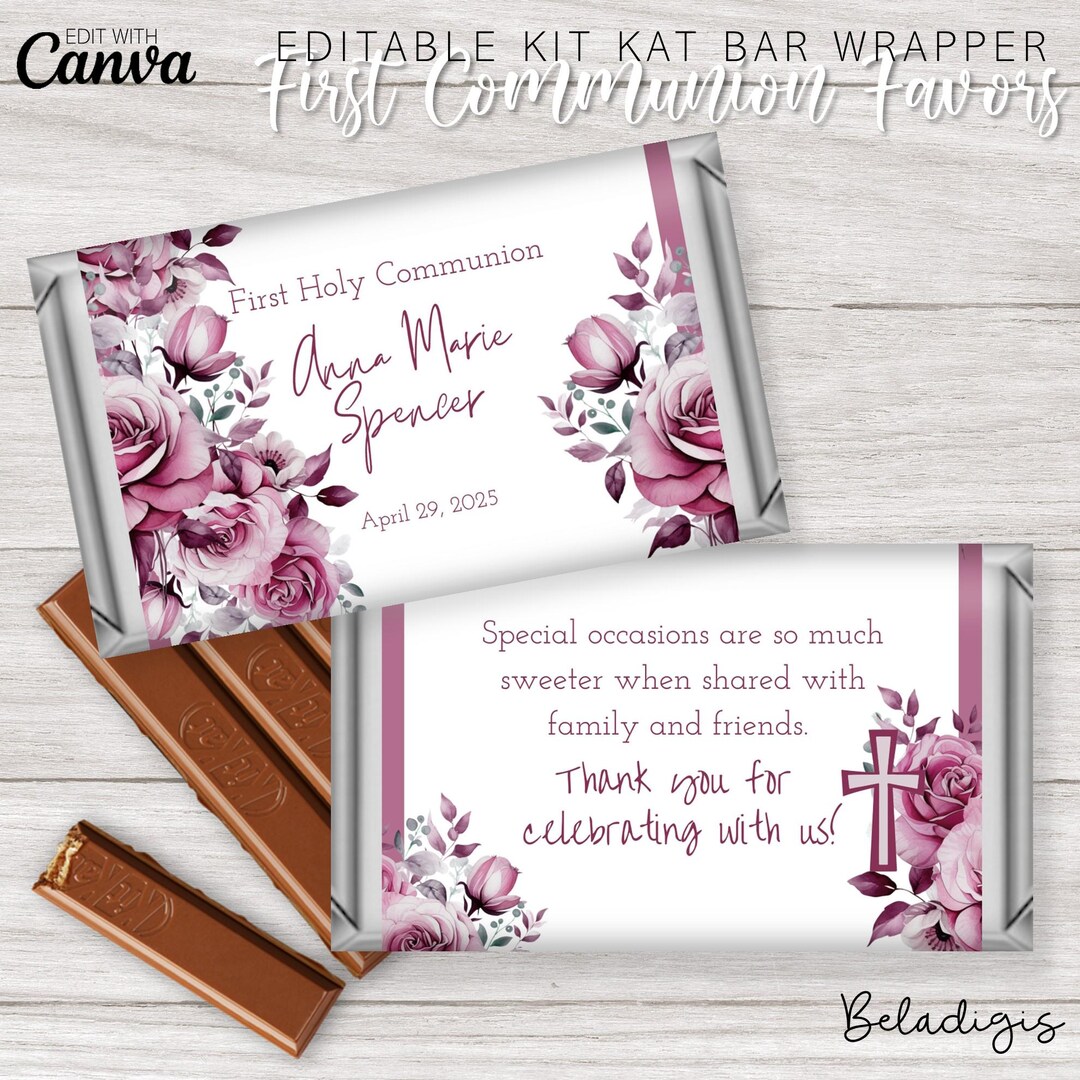 Editable Floral First Communion Kit Kat Wrappers | Personalized ...