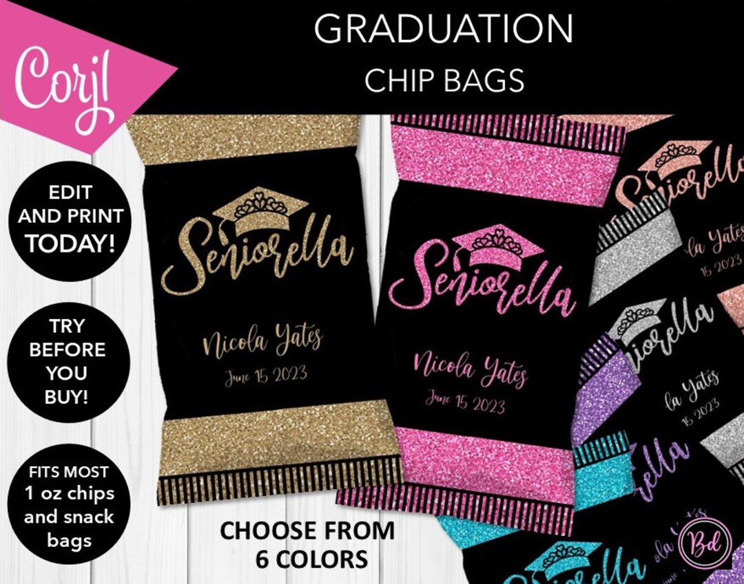 EDITABLE Seniorella Glitter Graduation Chip Bags 6 Colors Personalized ...