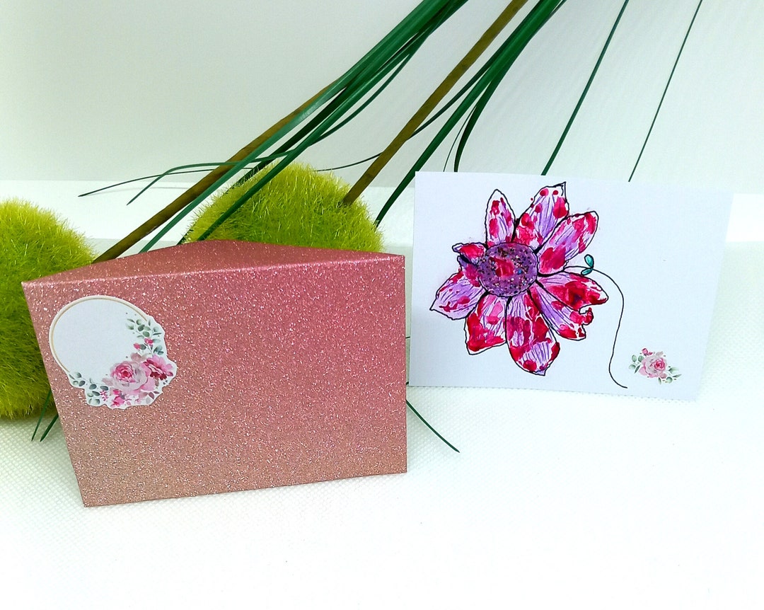 Pink Flower Card Matching Envelope Handmade Glitter Pink Love OR ...