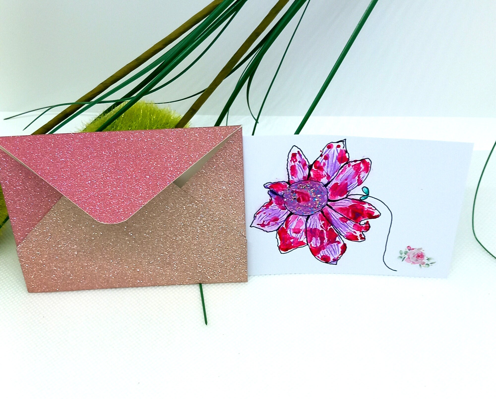 Pink Flower Card Matching Envelope Handmade Glitter Pink Love OR ...