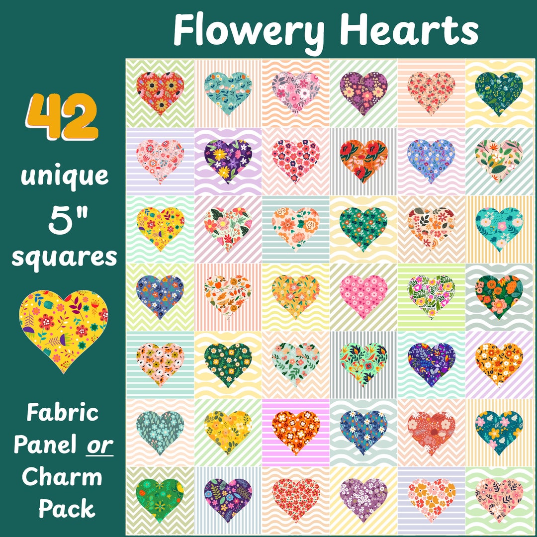 Heart & Flower Fabric Panel: 42pc 5" Charm Pack, Quilting Squares - Etsy