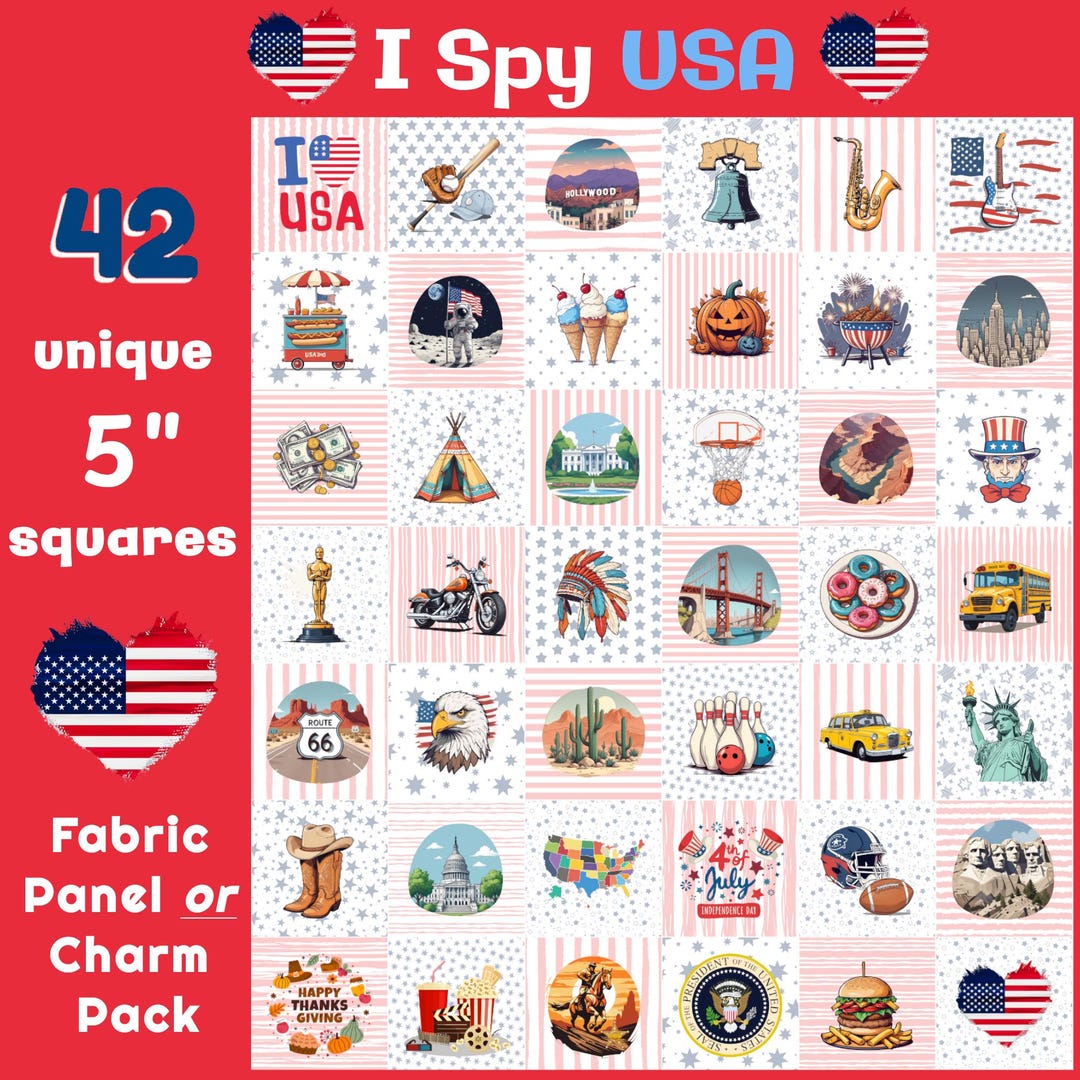 USA I Spy Fabric: 5" Patchwork Squares - Quilt Panel or Charm Pack (42 ...