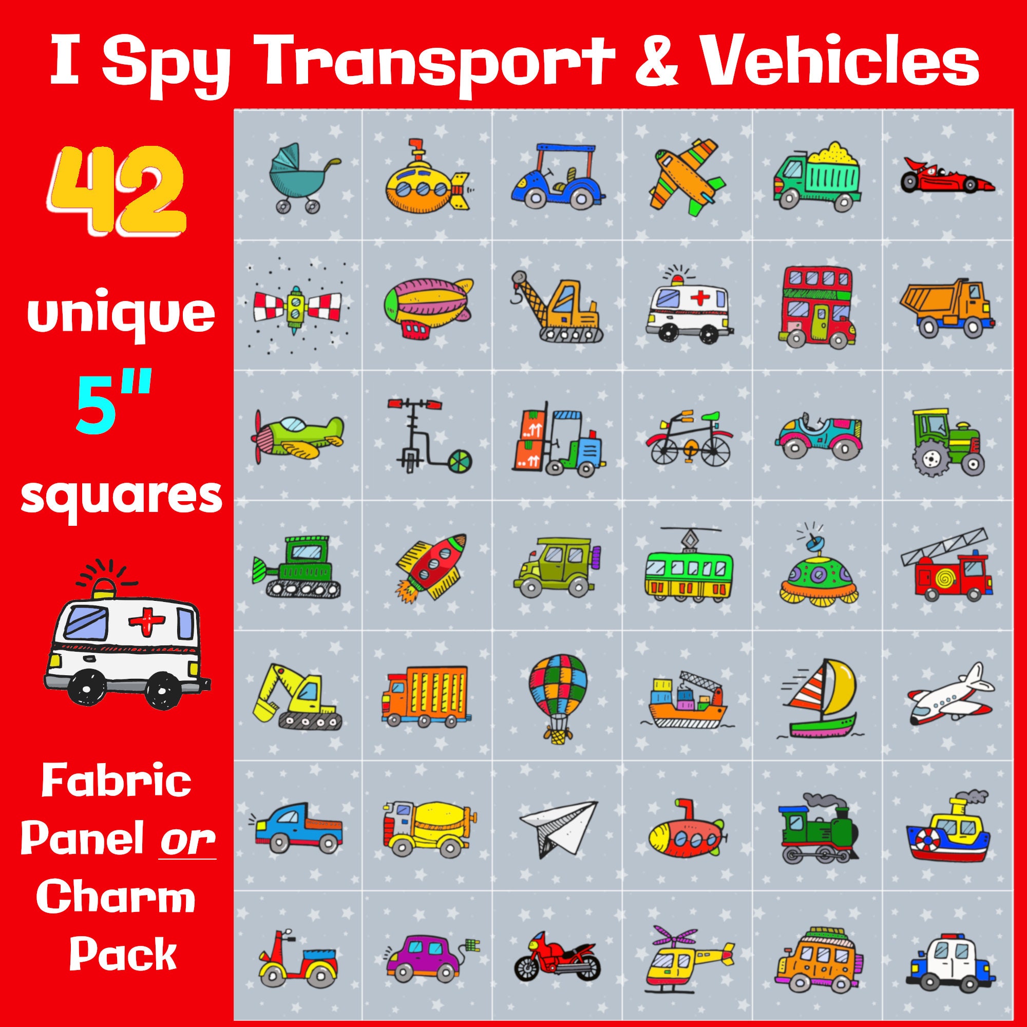Transport Fabric Squares: I Spy Quilt Panel, Baby Kids Blanket (5-inch ...