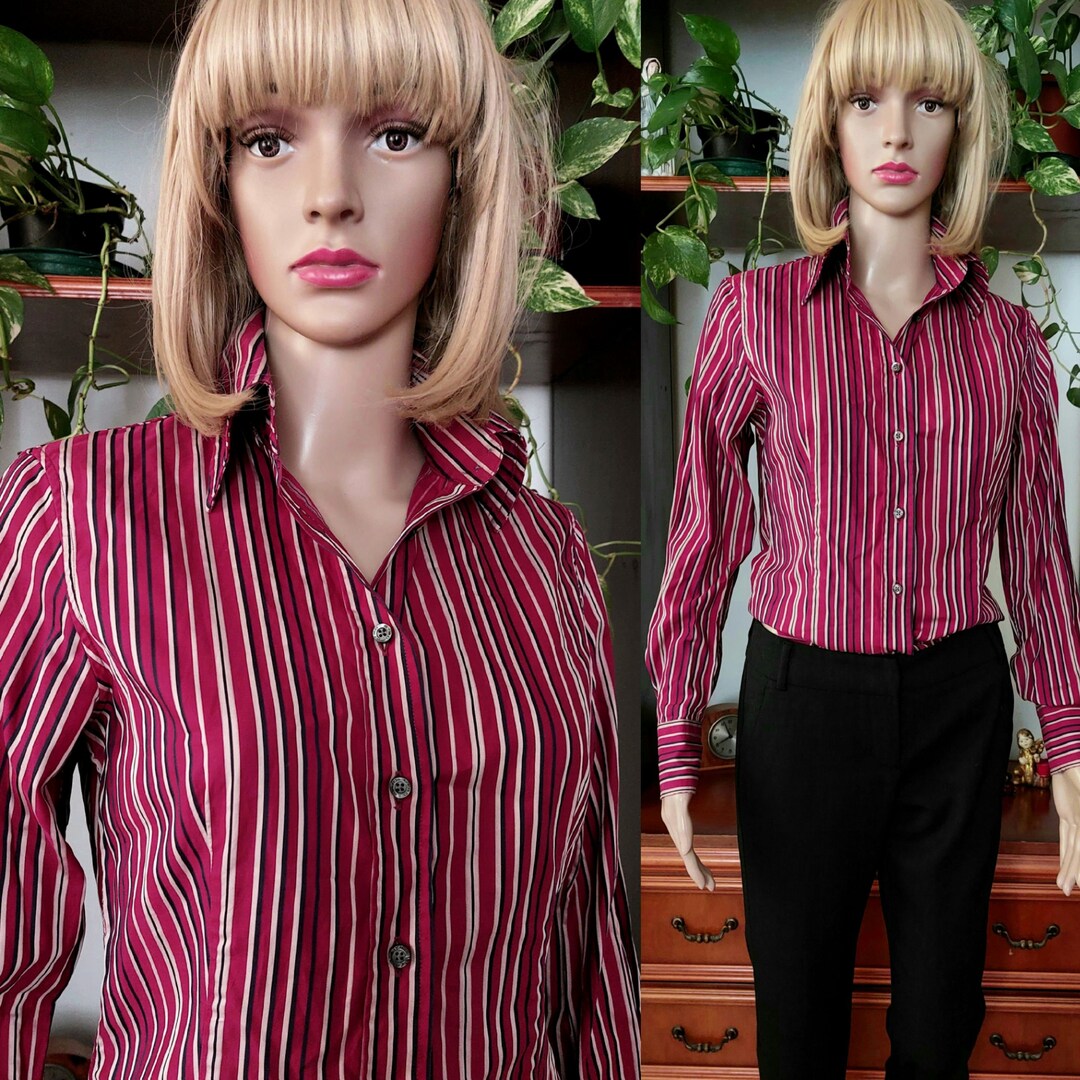 ETRO MILANO Vintage Striped Cotton Blouse Made in Italy/designer Collar ...