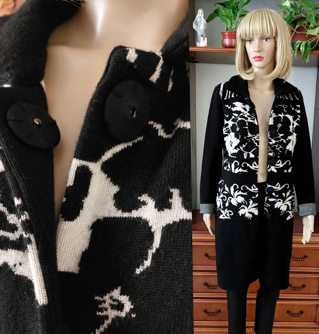 80s Italian Vintage Wool Knitted Long Cardigan Coat/chunky Black Knit ...
