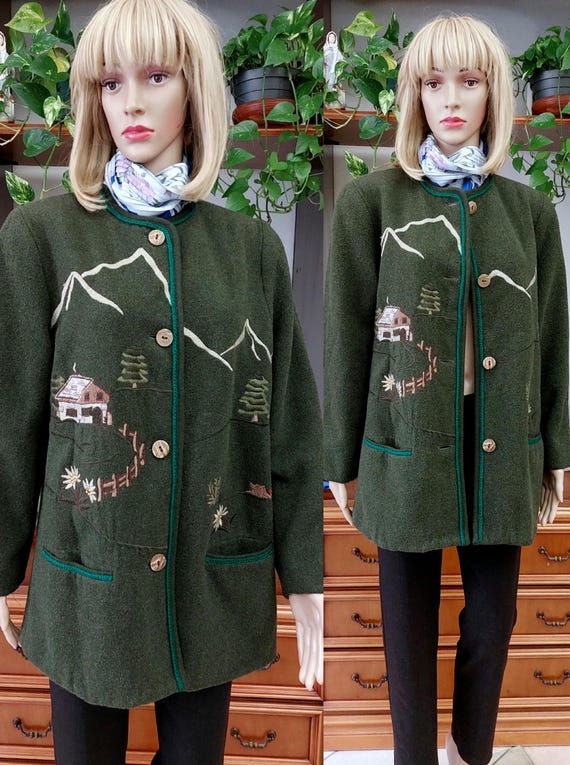 80's Vintage Austrian Loden Coat With Landscape Embroidery 80's Vintage Austrian Loden Coat With Landscape Embroidery