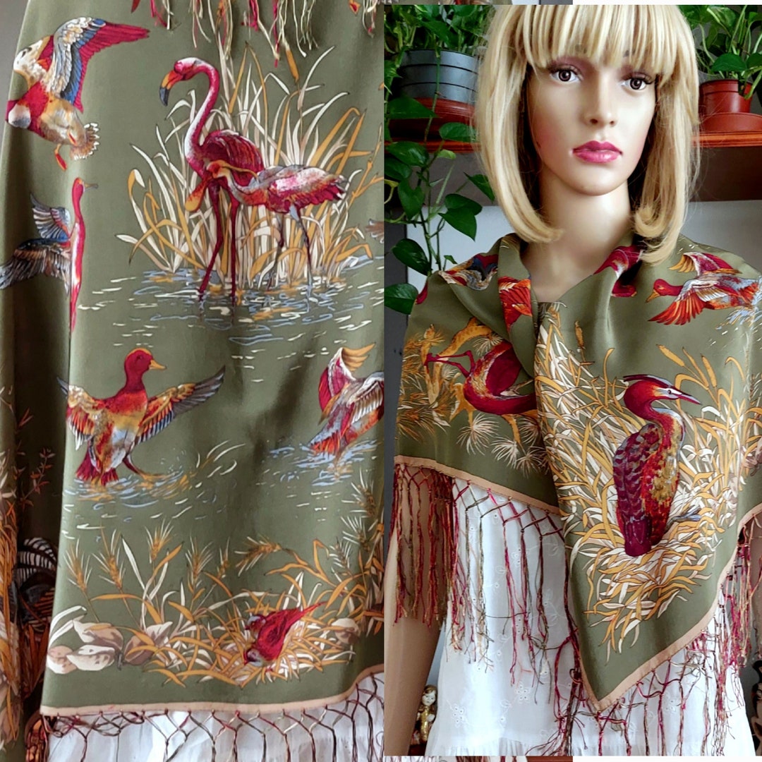 RARE Vintage Silk Scarf With Duck Birds Pattern/square Silk Shawl With ...