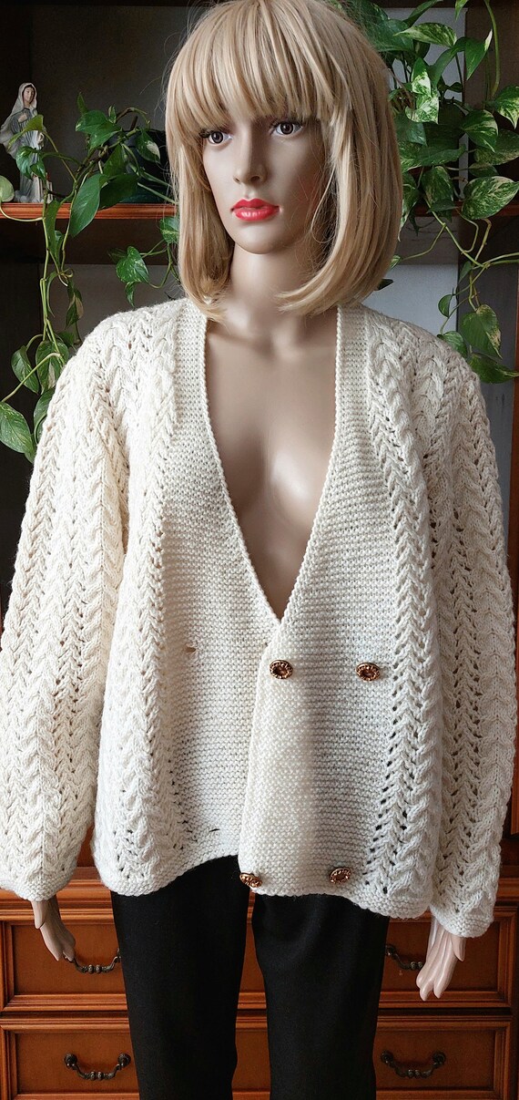 Vintage hand knit cardigan in natural sheep's wool/ch… - Gem