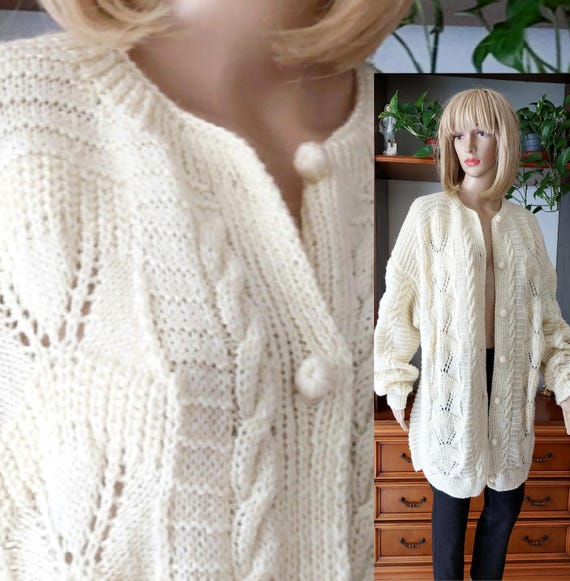 Vintage hand knitted 100% organic wool sweater cardig… - Gem