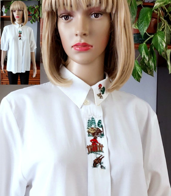 80's Austrian white landscape embroidery design short… - Gem