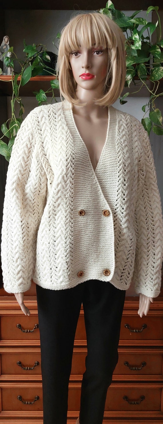 Vintage hand knit cardigan in natural sheep's wool/ch… - Gem