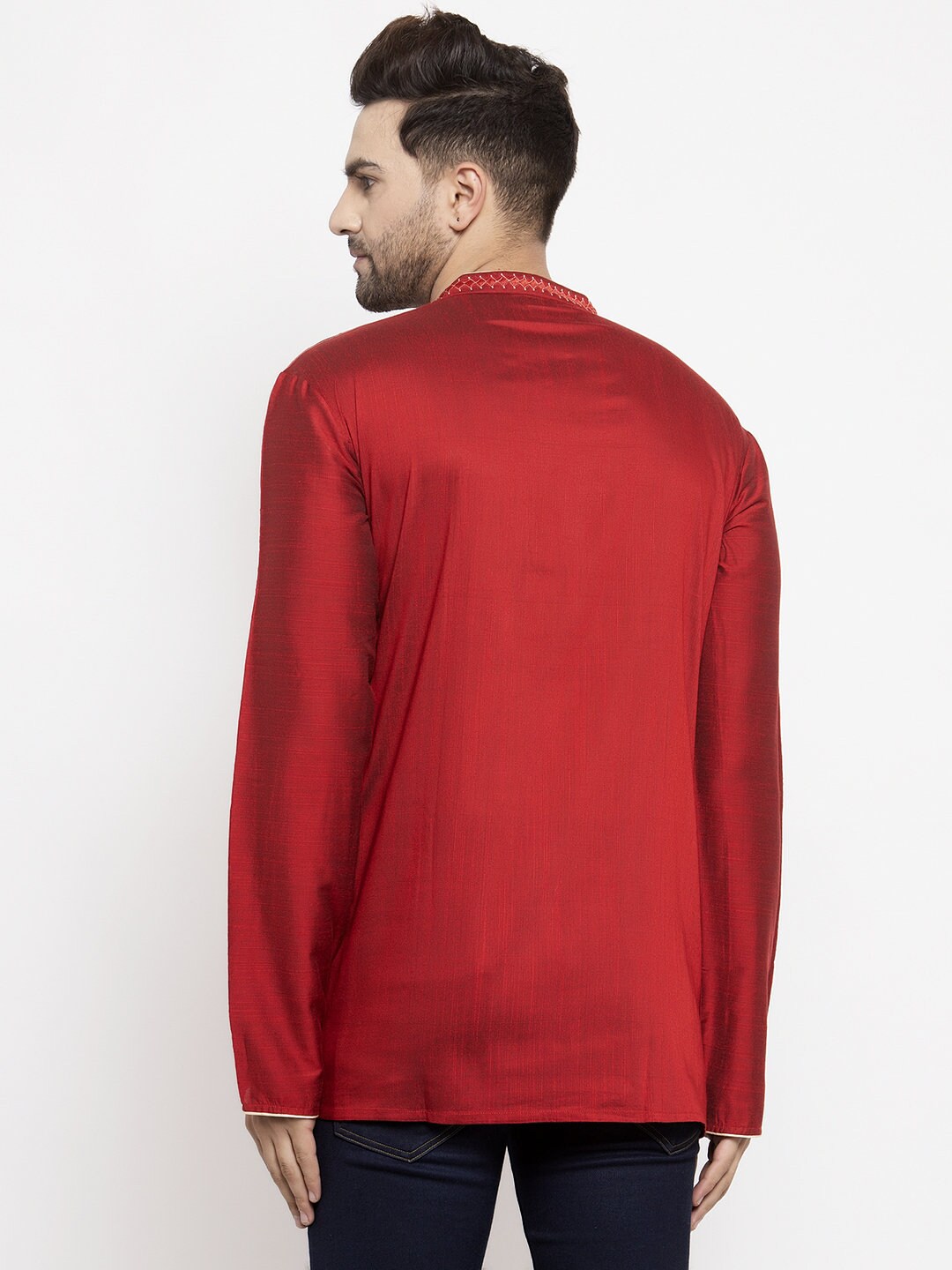 Indian Wedding Men Short Kurta Red Color Polycot Silk Embroidered ...