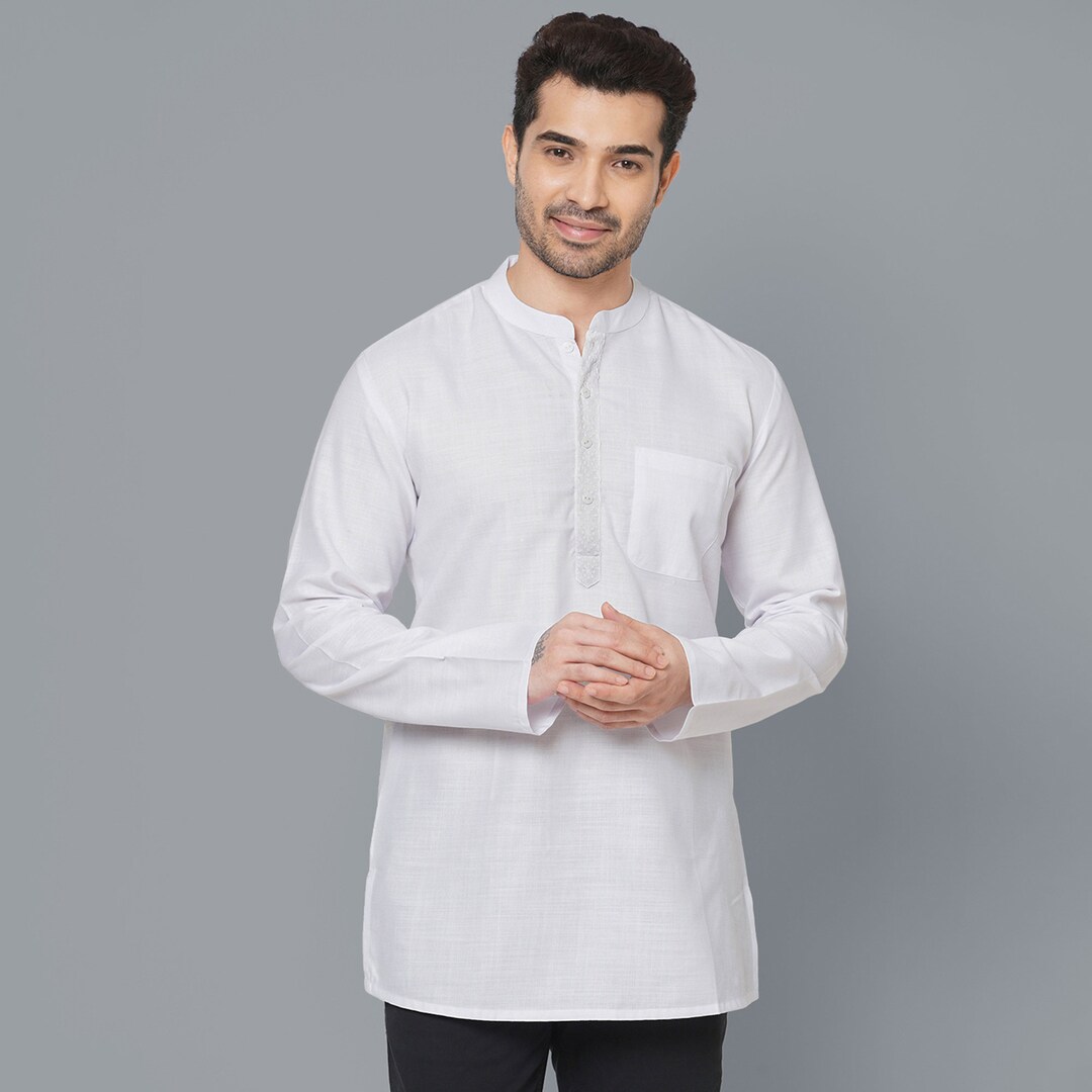 Indian White Polycot Men Short Kurta Gents Loose Shirt With Embroidery ...