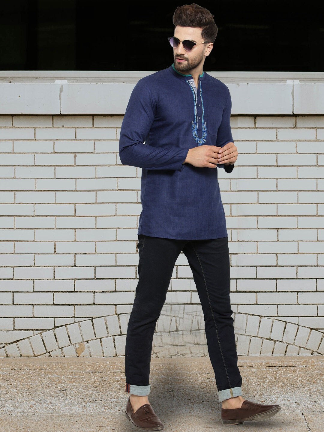 Indian Contemporary Men Short Kurta Blue Polycot Embroidered Men Short ...