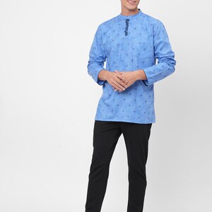 Indian Men Short Kurta Sky Blue Soft Polycot Printed Gents Loose Shirt ...