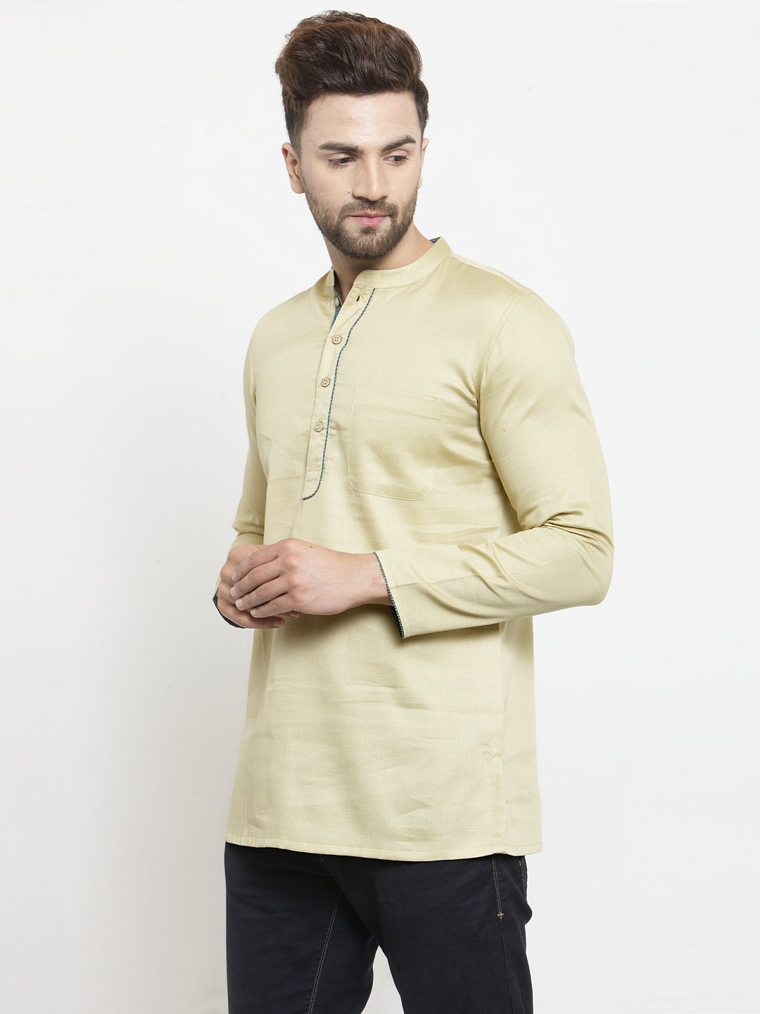Indian Contemporary Men Short Kurta Beige Color Polycot Gents Loose ...