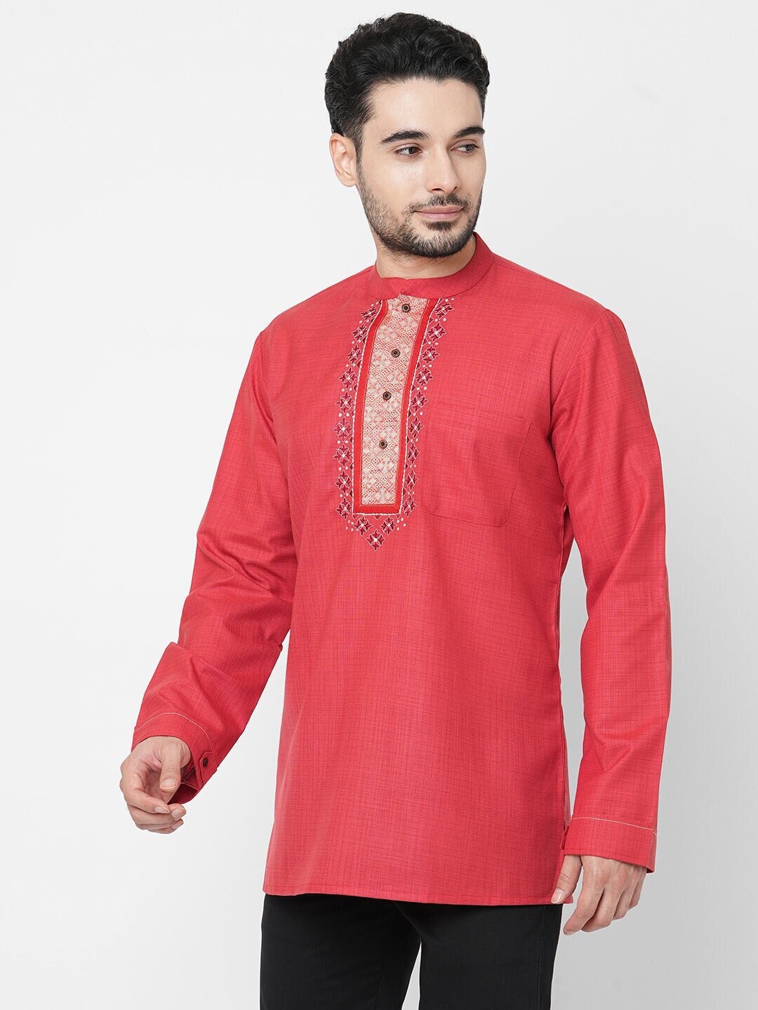 Indian Men Short Kurta Red Polycot Gent Loose Shirt With Embroidery ...