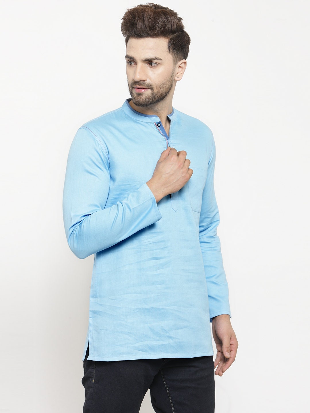 Indian Men Short Kurta Sky Blue Color Polycot Gents Loose Shirt With ...