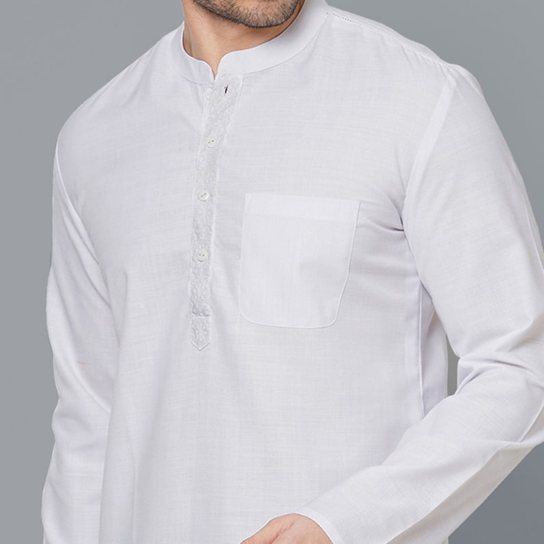 Indian White Polycot Men Short Kurta Gents Loose Shirt With Embroidery ...