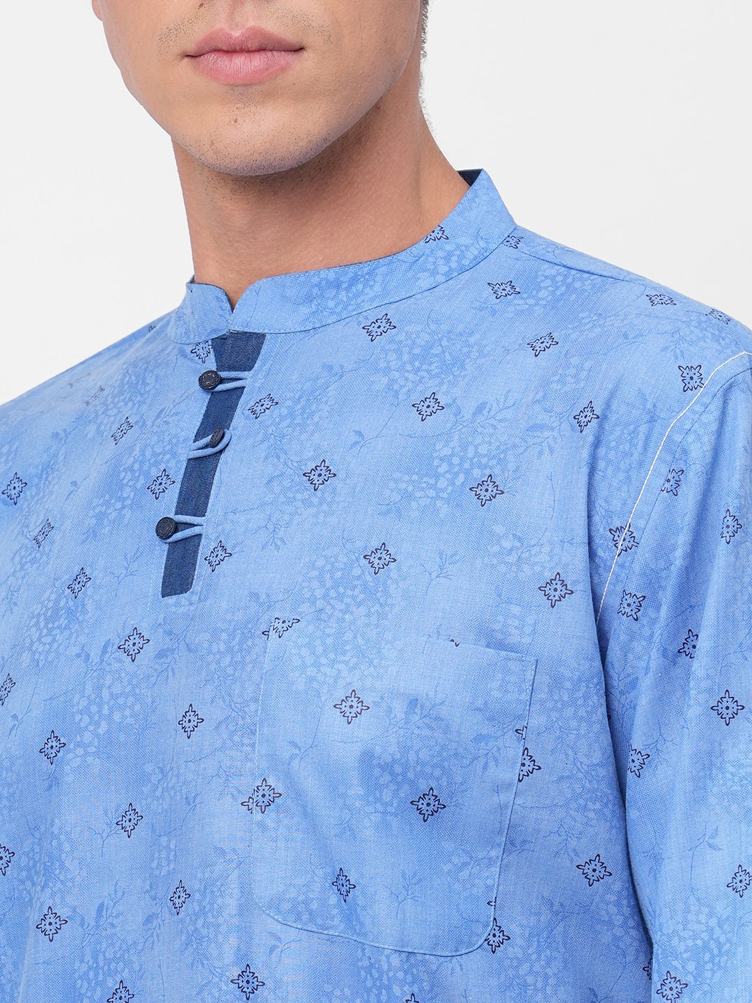 Indian Men Short Kurta Sky Blue Soft Polycot Printed Gents Loose Shirt ...