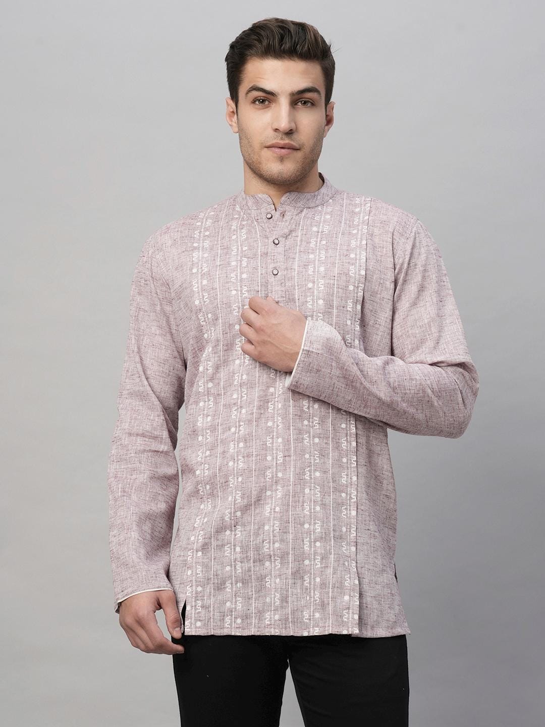 Voilet Handloom Cotton Kurta Shirt Front Panel Style Mandarin Collar ...