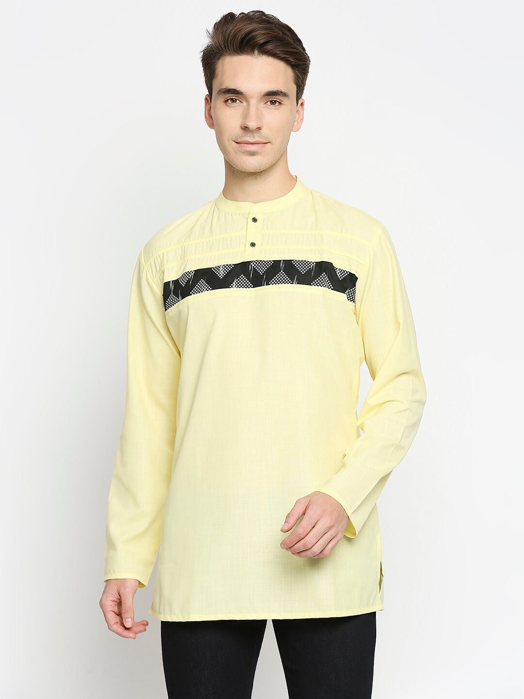 Yellow Polycot Men's Kurta: Black Hand Block Print, Mandarin Collar - Etsy