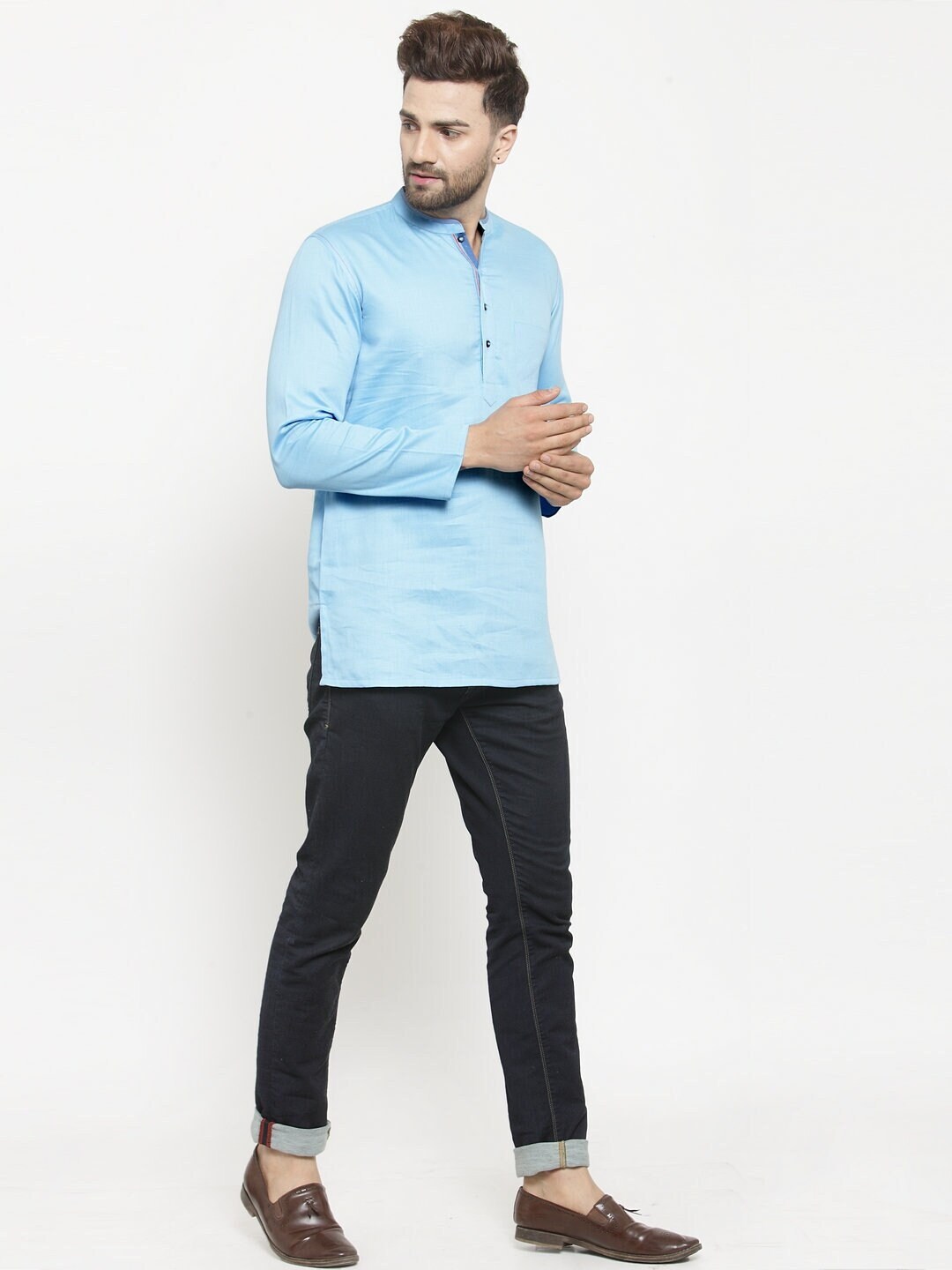 Indian Men Short Kurta Sky Blue Color Polycot Gents Loose Shirt With ...