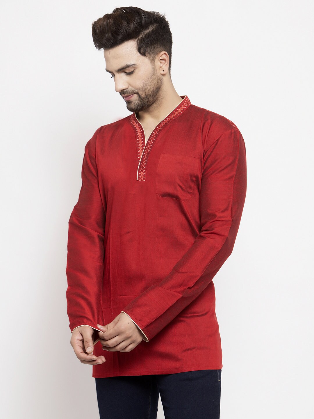 Indian Wedding Men Short Kurta Red Color Polycot Silk Embroidered ...