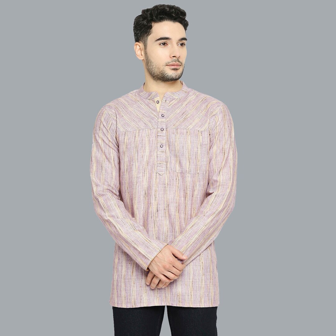 Indian Contemporary Men Short Kurta Lilac Handloom Polycot Gent Loose ...