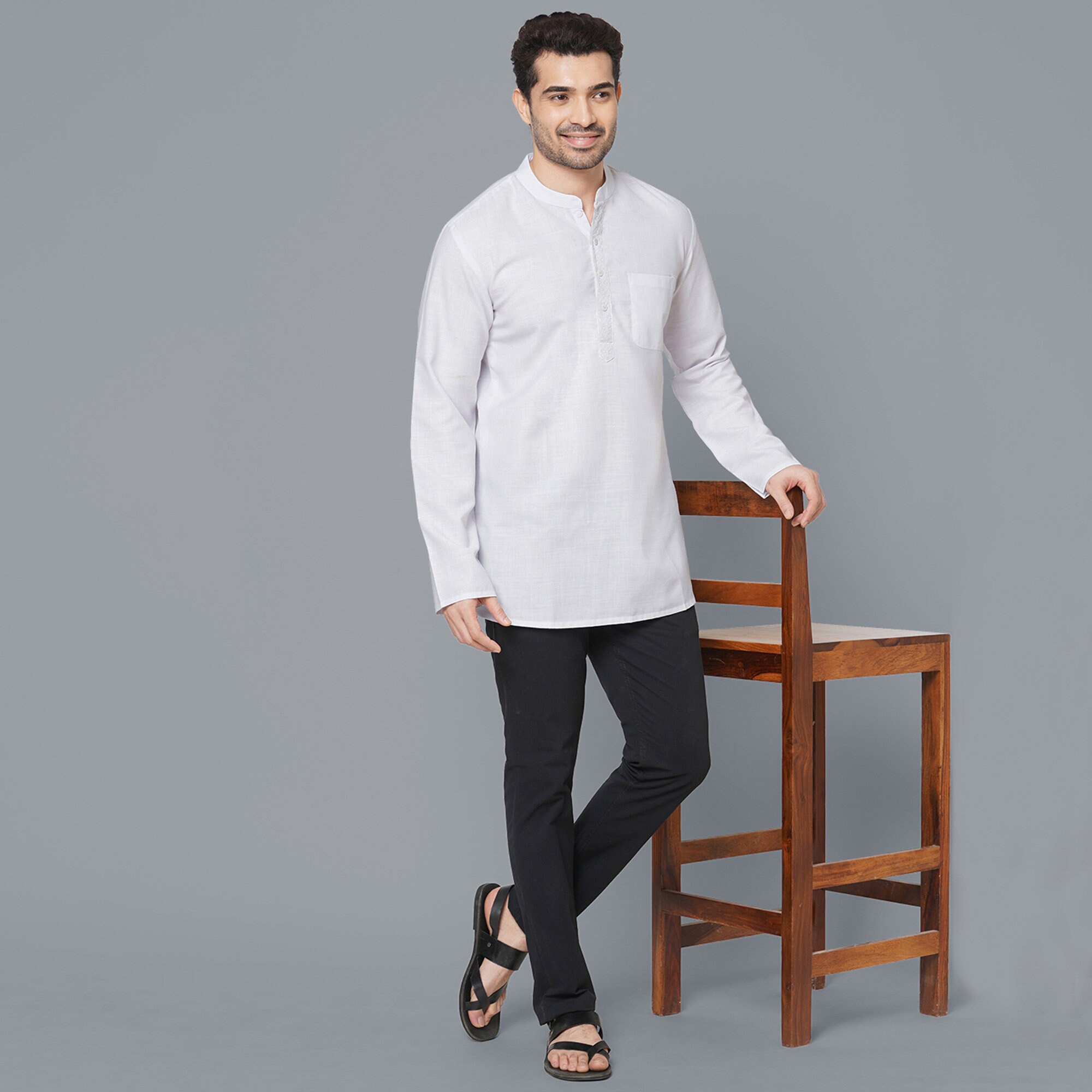 Indian White Polycot Men Short Kurta Gents Loose Shirt With Embroidery ...