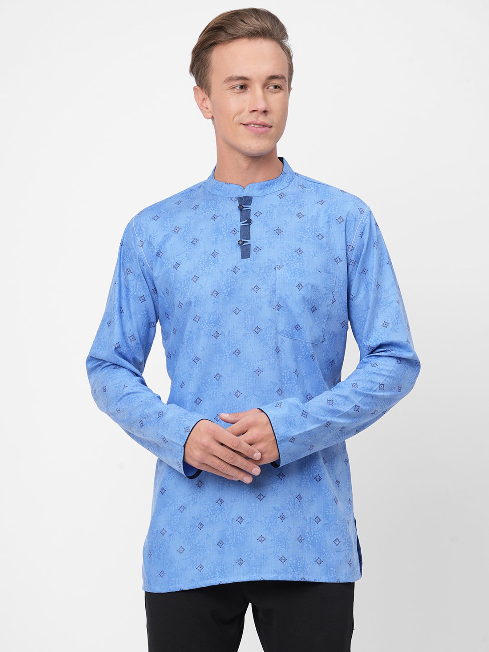 Indian Men Short Kurta Sky Blue Soft Polycot Printed Gents Loose Shirt ...