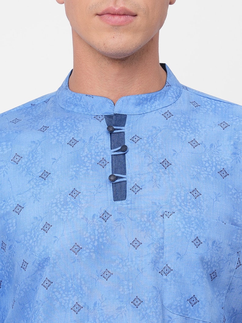 Indian Men Short Kurta Sky Blue Soft Polycot Printed Gents Loose Shirt ...