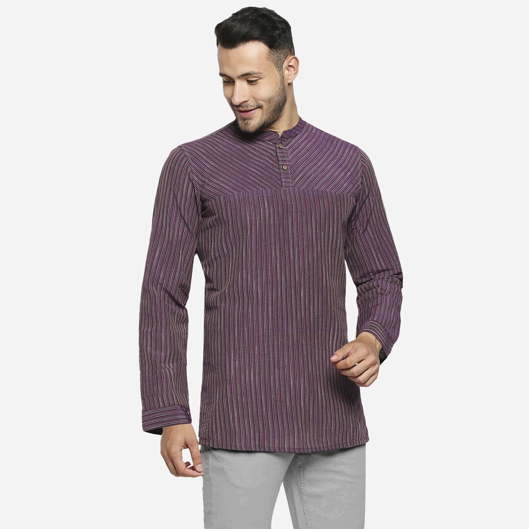 Handloom Men's Kurta: Violet Polycot Shirt With Golden Stripes - Etsy
