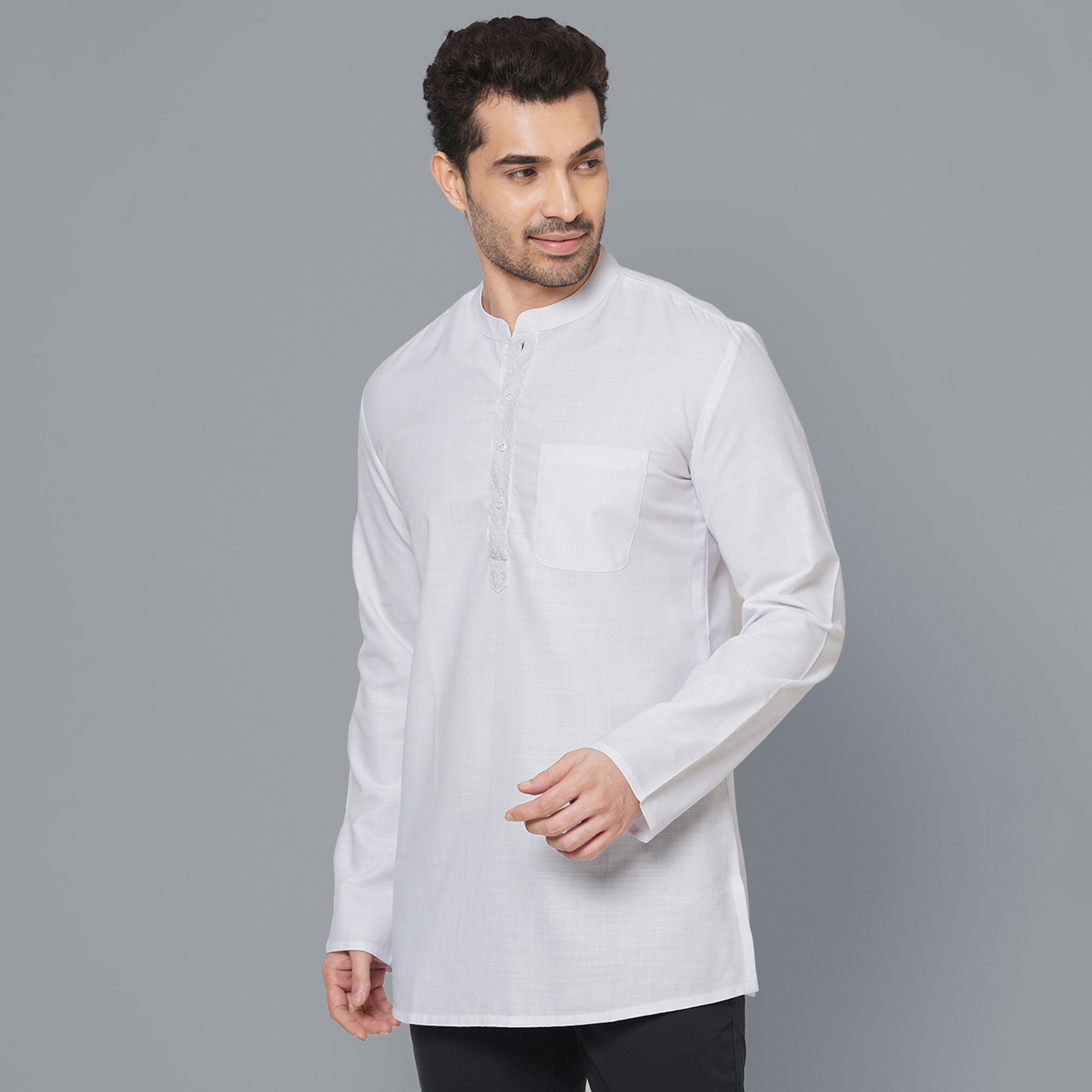 Indian White Polycot Men Short Kurta Gents Loose Shirt With Embroidery ...