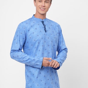 Indian Men Short Kurta Sky Blue Soft Polycot Printed Gents Loose Shirt ...