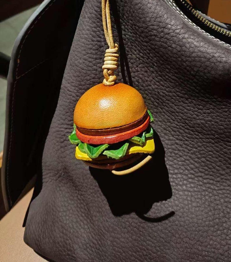 Hamburger Leather Charm Hand-painted Handmade Cute Purse Keychain Fun ...