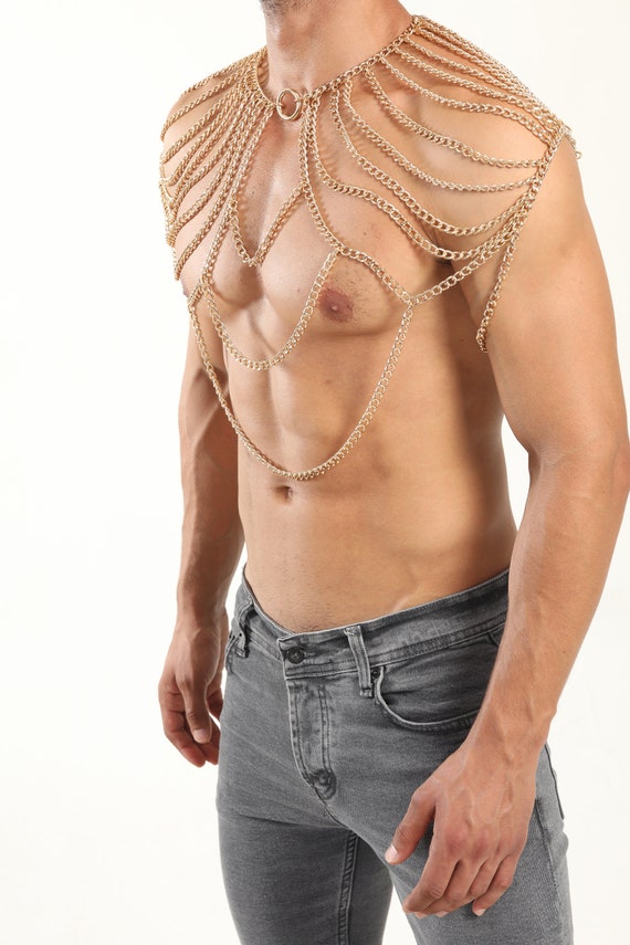 Shoulder Jewelry Men Gold Bodychain Man Harness Cuban Chain - Etsy Shoulder Jewelry Men Gold Bodychain Man Harness Cuban Chain - Etsy