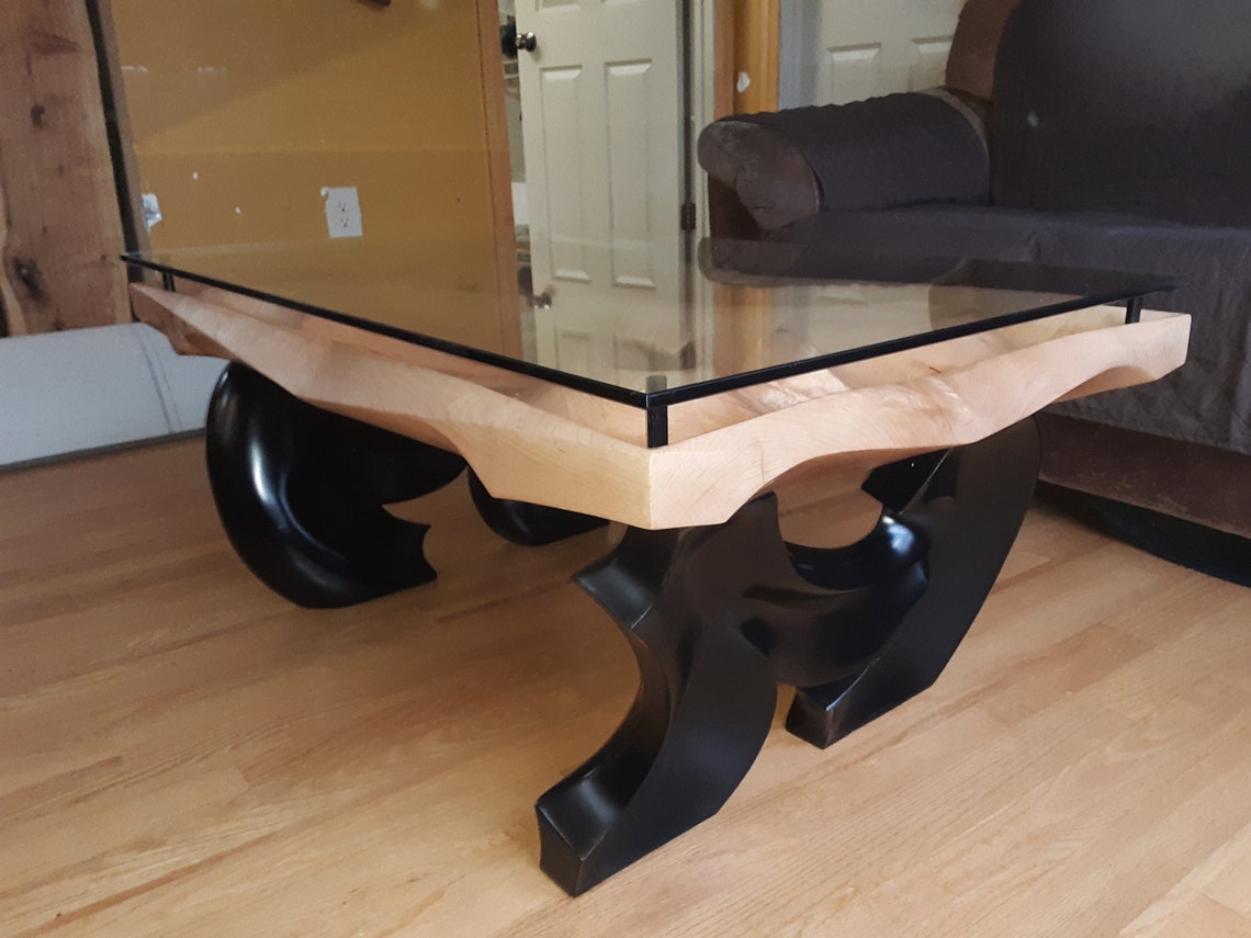 Modern Hard Maple Sculptural Coffee Table, Glass Top Coffee Table, Hand ...