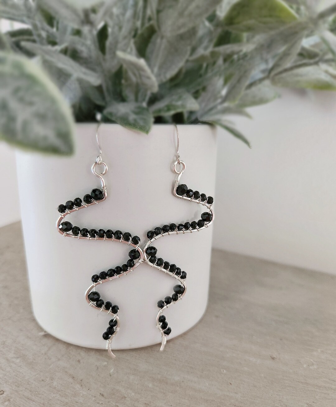 Handmade Hammered Silver Plated Snake Squiggly Dangle Earrings | Black ...