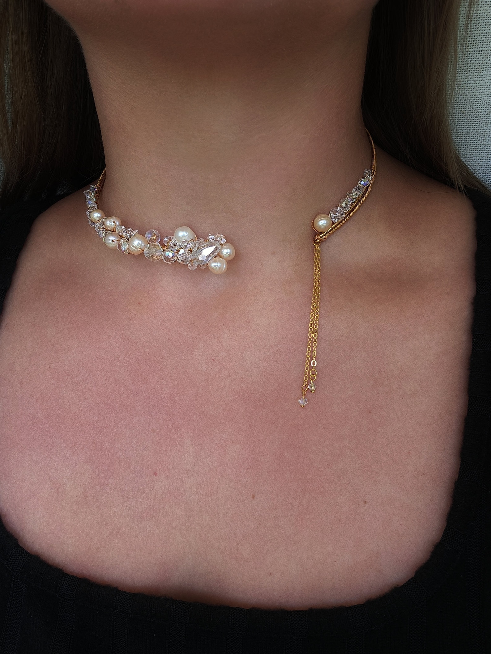 Handcrafted Gold Wire Wrapped Open Collar Choker Necklace Freshwater ...