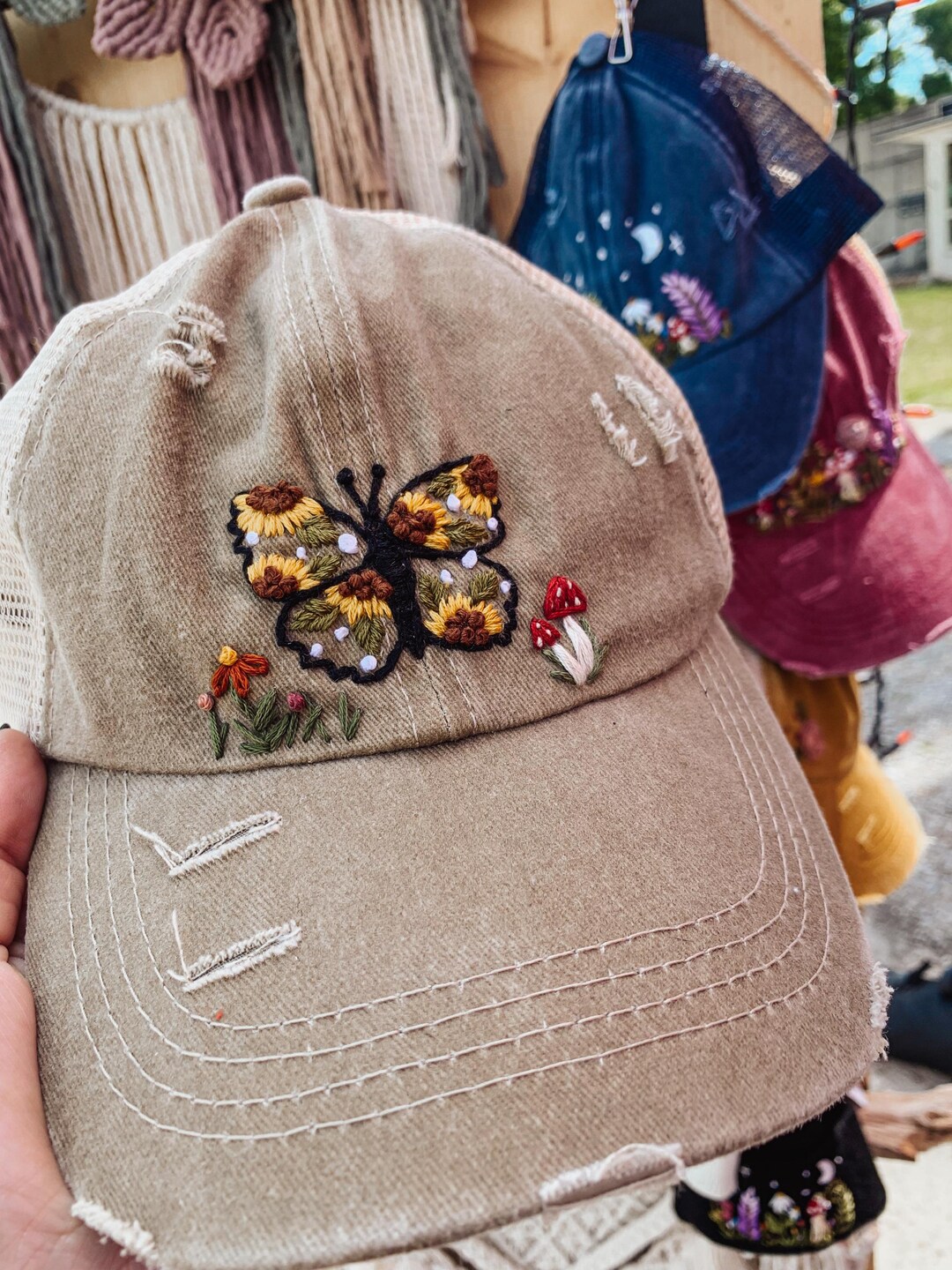 Hand Embroidered Hat| Butterfly Sunflower Beige Green Cap| Woman’s ...